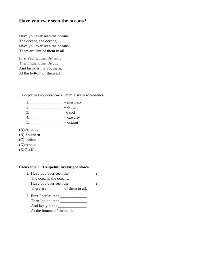 Ocean Names and Song Exercise | PDF