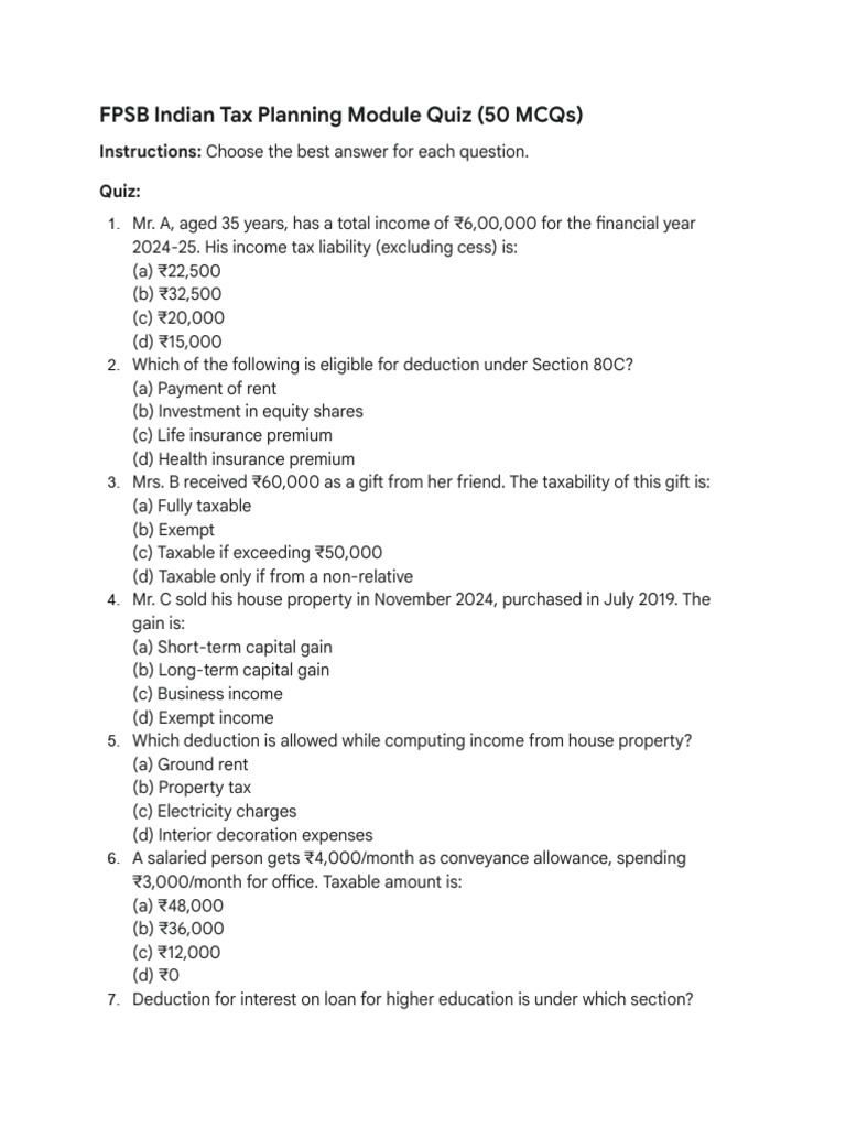 Tax Planning Quiz: Key Concepts and Deductions | PDF | Tax Deduction ...