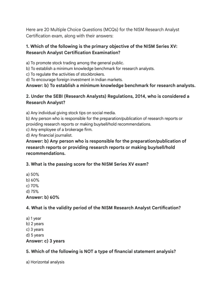 NISM Research Analyst MCQs and Answers | PDF | Technical Analysis | Investing