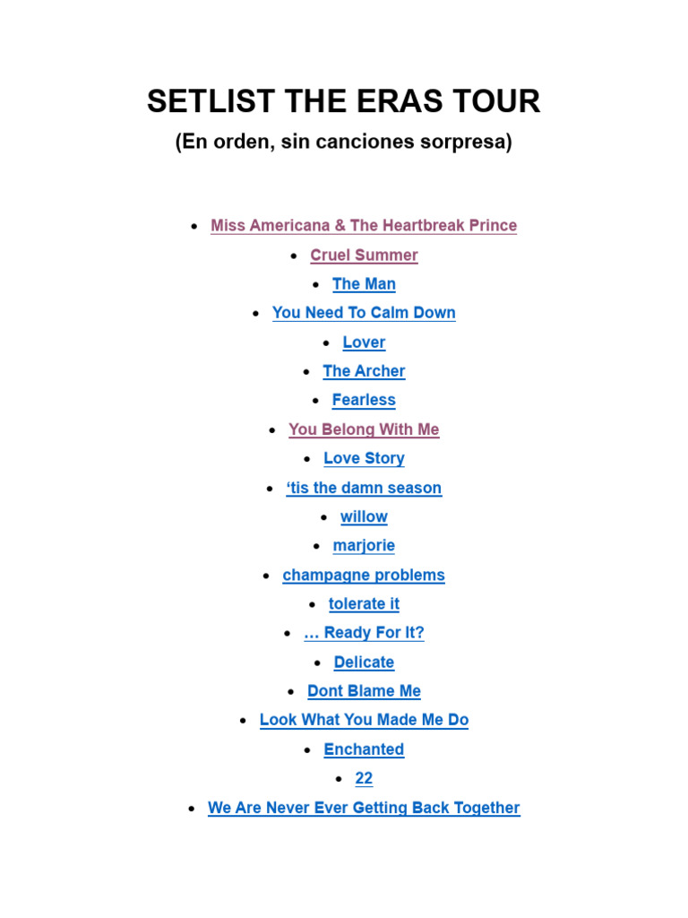 Setlist The Eras Tour | PDF | Song Recordings Produced | Taylor Swift