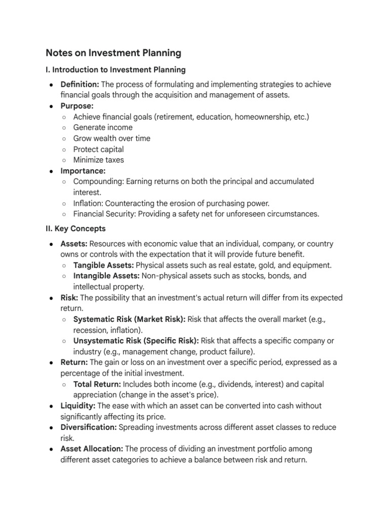 Investment Planning Overview Notes | PDF | Beta (Finance) | Financial Risk