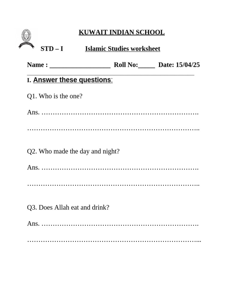 Grade 1 Islamic Studies Worksheet | PDF