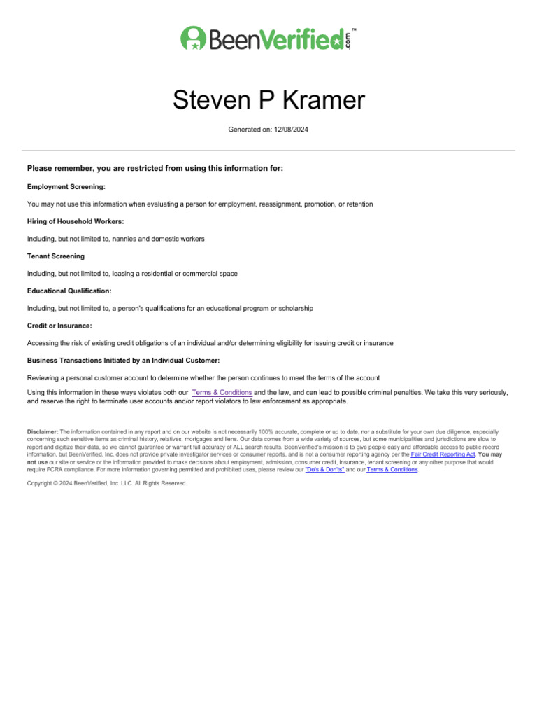 Steven P. Kramer Background Report | PDF | Credit Bureau | Business