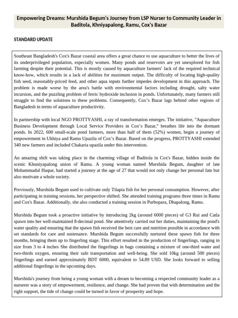 Standard Update Aquaculture Activity-Murshida Begum | PDF