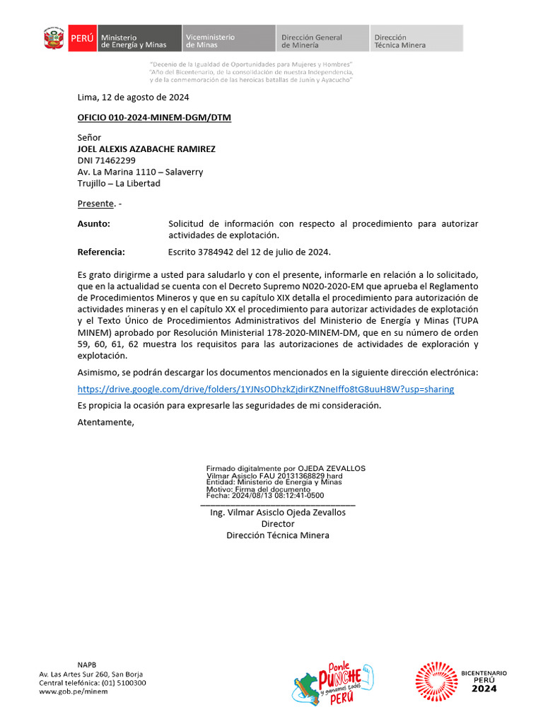 Ofi 010-2024-Minem-Dgm-Dtm | PDF