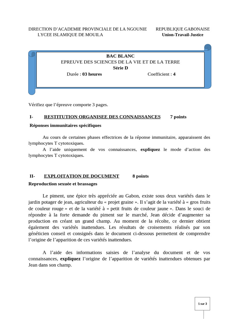 Épreuve Bac 2025 SVT Gabon Série D | PDF | Piment