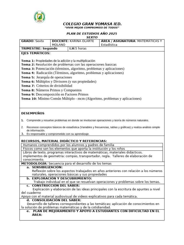 Plan 6-2025 Iip | PDF | Matemáticas | Plan de estudios