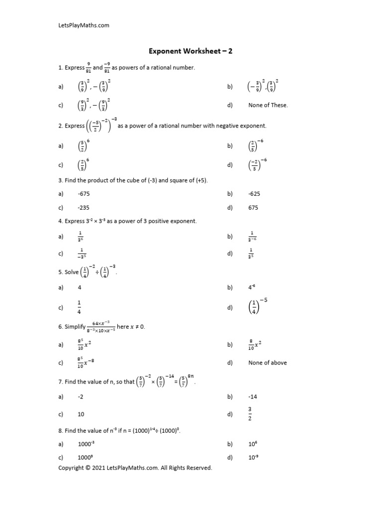 Exponents And Powers Worksheet-2 | PDF | Exponentiation | Number Theory