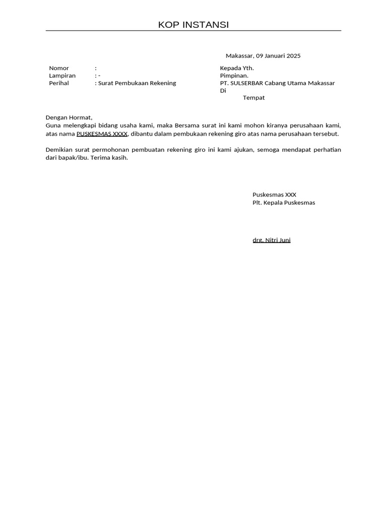 Permohonan Pembuatan No Rek BLUD PKM 2025 | PDF