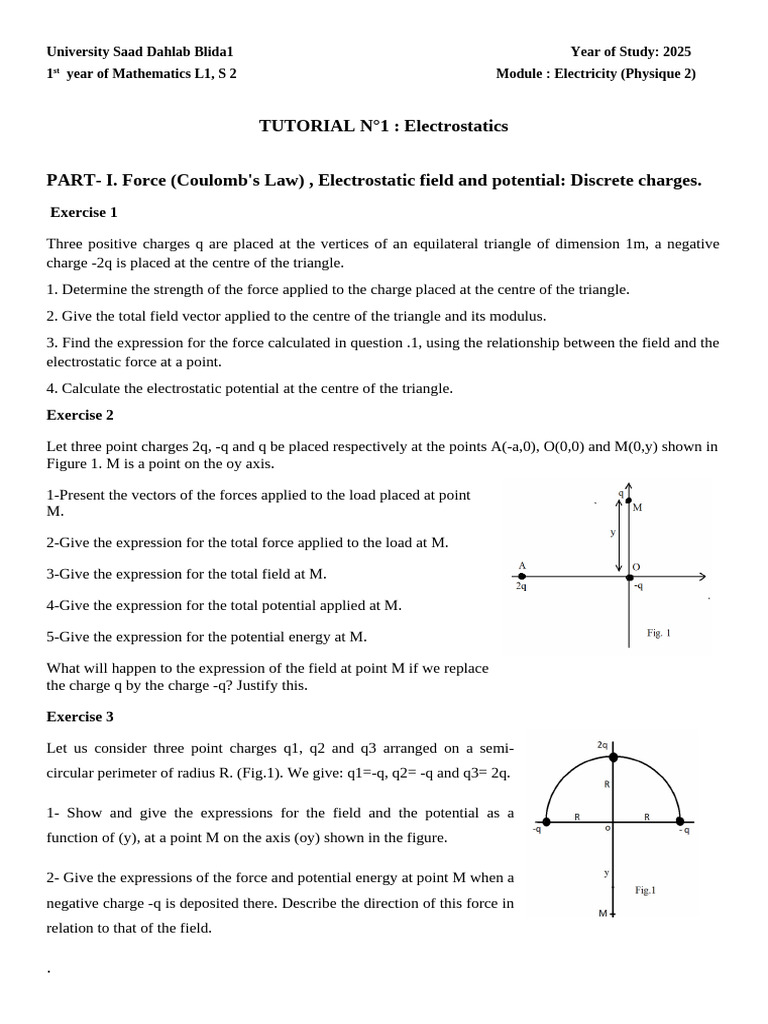 Elec Math l1 s2 Serie1 25 An | PDF | Force | Electric Field