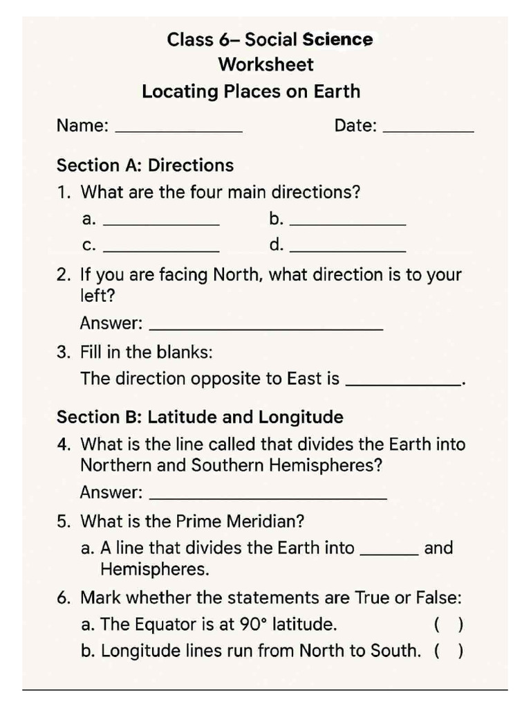 Worksheet Class 6 L - Locating Places On Earth | PDF