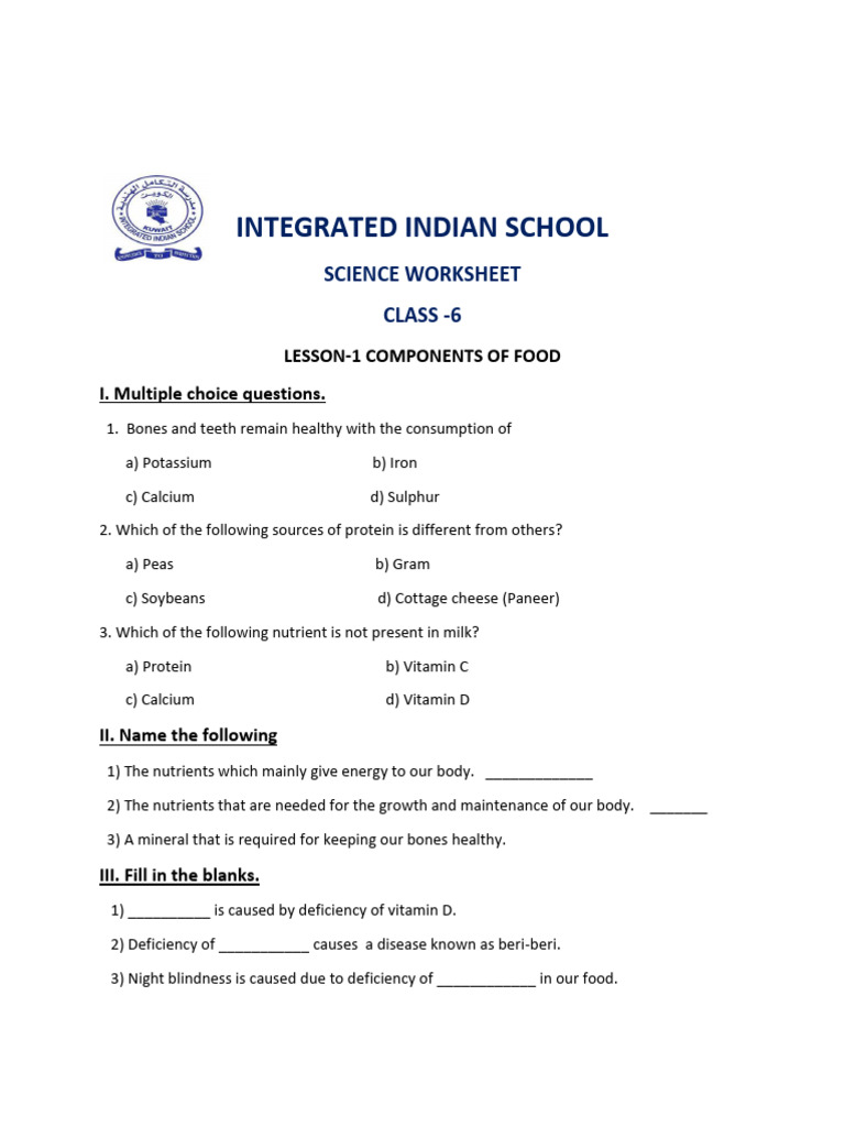 Class 6 Science: Components of Food Worksheet | PDF | Foods | Nutrients