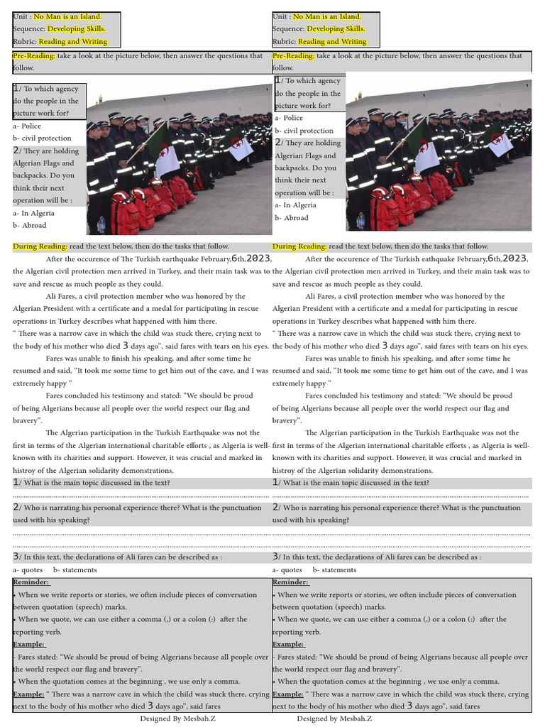 Algerian Rescue Efforts in Turkey | PDF | Grammar | Language Mechanics