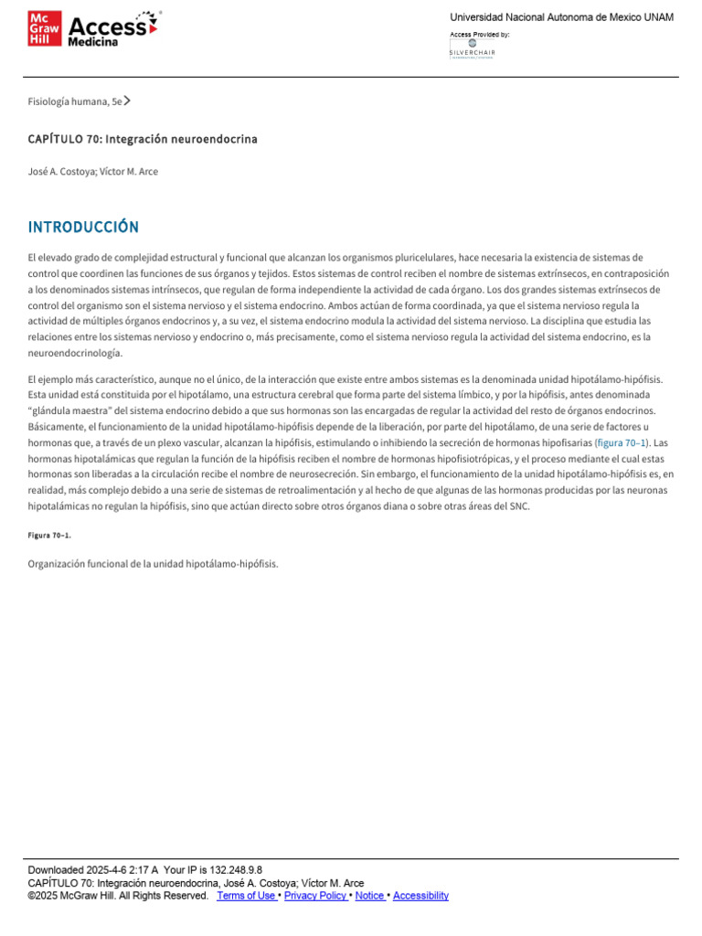 CAPÍTULO 70 - Integración Neuroendocrina | PDF | Glándula pituitaria | Hipotálamo