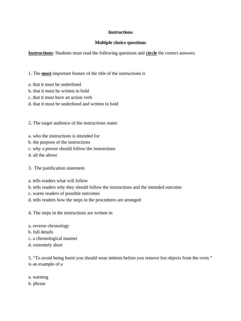 Instructions Multiple Choice | PDF | Multiple Choice