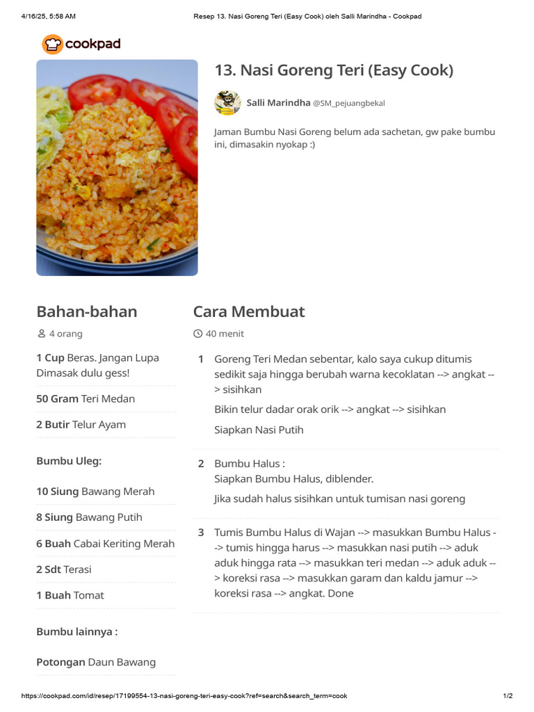 Resep 13. Nasi Goreng Teri (Easy Cook) oleh Salli Marindha - Cookpad | PDF