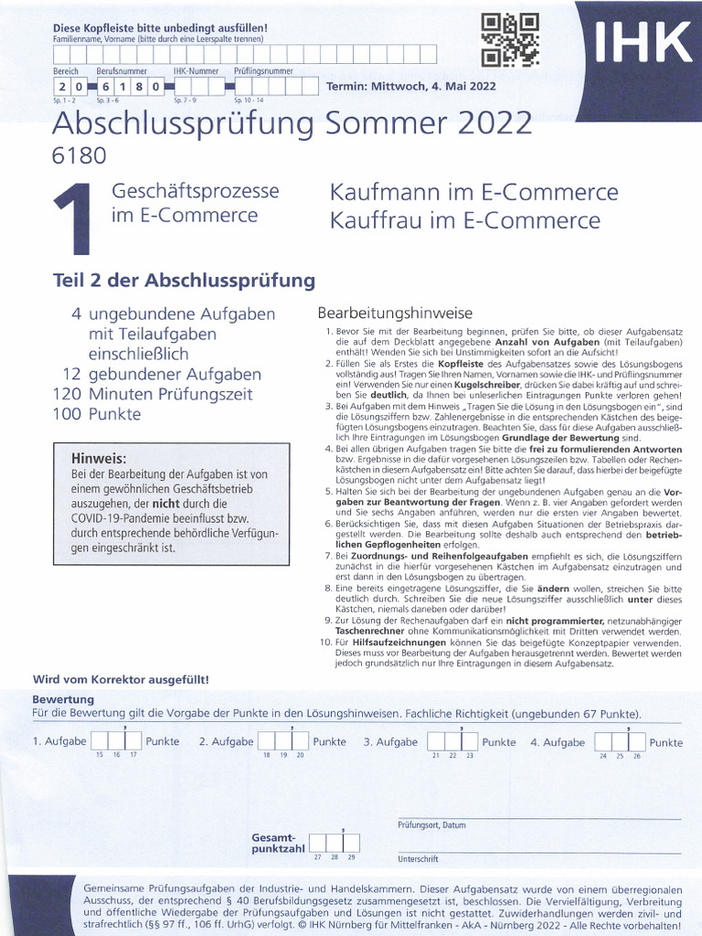 Sommer 2022 - Abschlussprüfung Teil 2.1 - Kaufmann Im E-Commerce | PDF