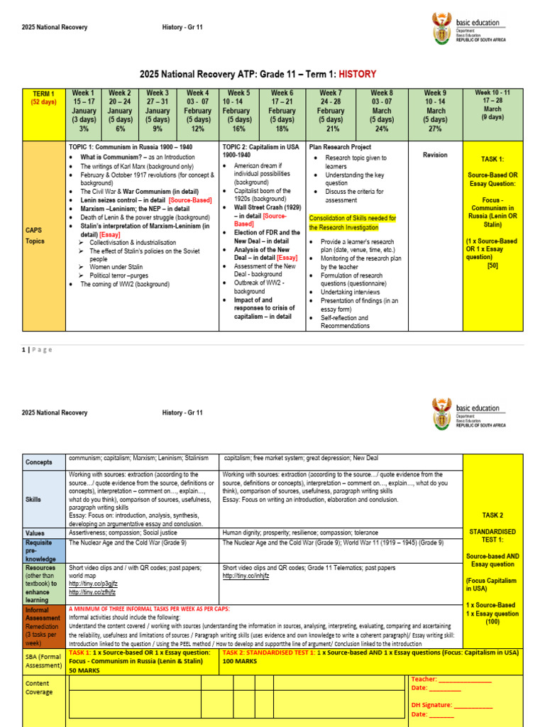 2025 Grade 11 History Teaching Plan | PDF | Apartheid | Essays