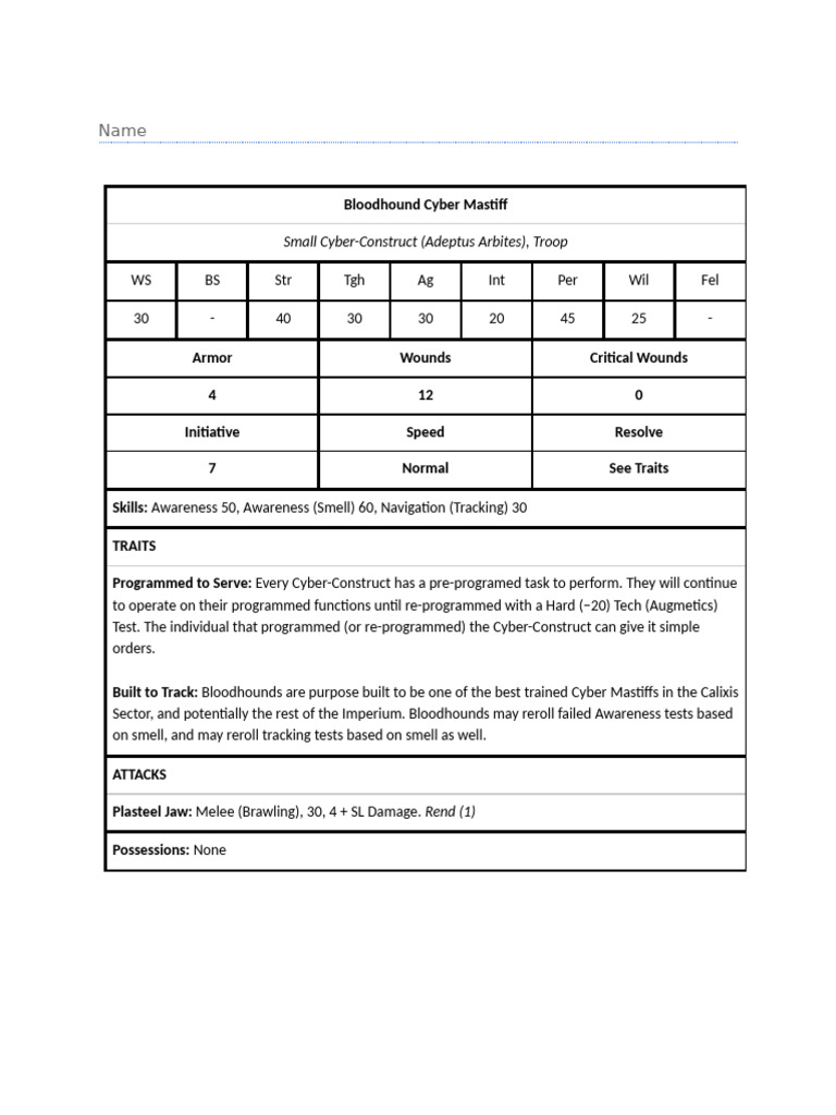 Bloodhound Cyber-Mastiff (Troop) | PDF