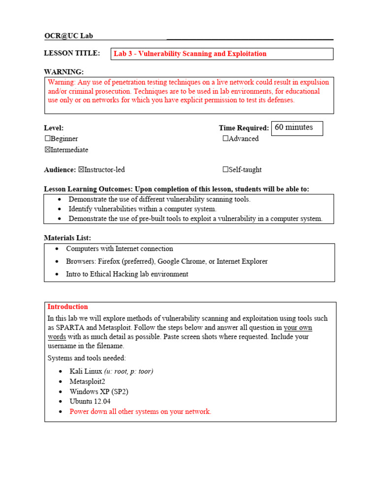 Lab 3 - Vulnerability Scanning and Exploitation Instructions - Mar 4 | PDF | Software | Computer ...