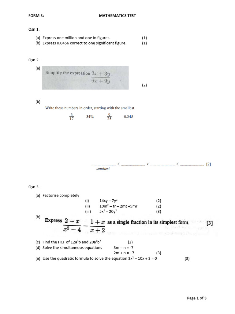 Maths F3 Test 2 | PDF