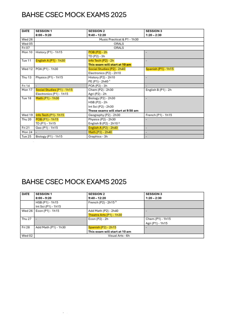 CSEC Mock Exam Timetable 2025 | PDF