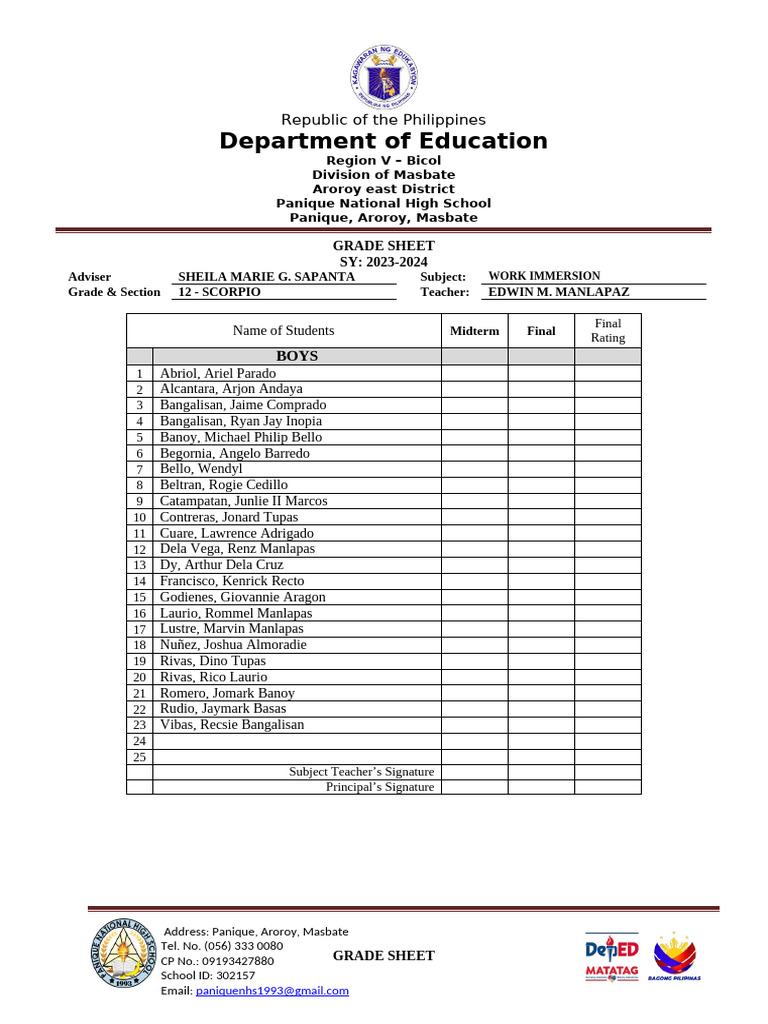 Work Immersion Grade Sheet 2023-2024 | PDF