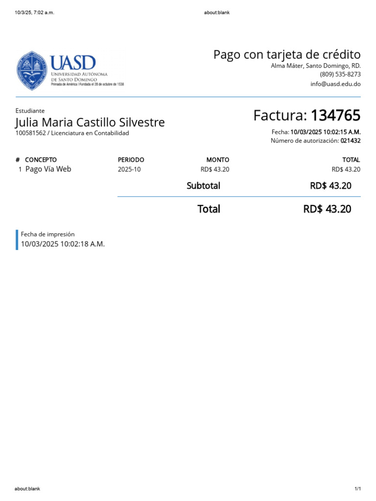 Pago UASD - Factura 134765 | PDF