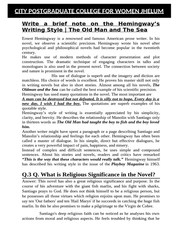 Write a brief note on the Hemingway | PDF | Loneliness | Ernest Hemingway