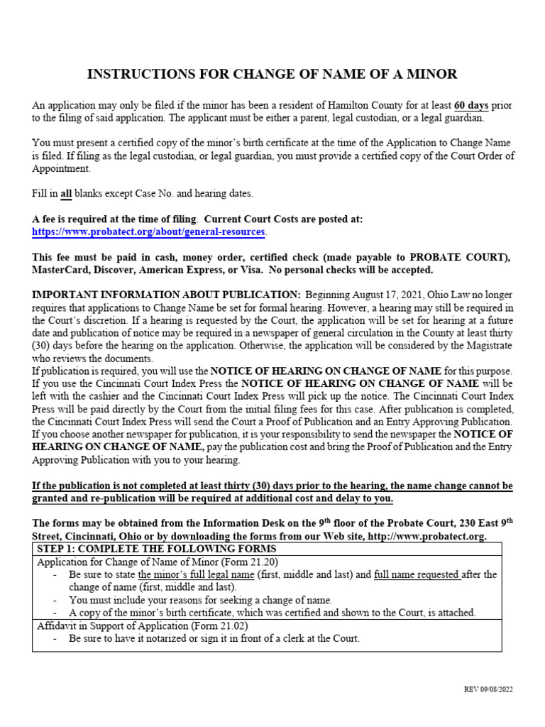 Minor Name Change Instructions Ohio | PDF | Legal Guardian | Affidavit
