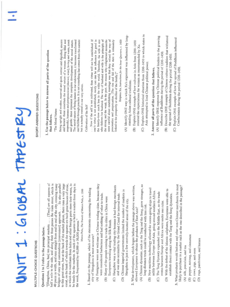 AMSCO Unit 1 MCQ - SAQ Practice Questions | PDF