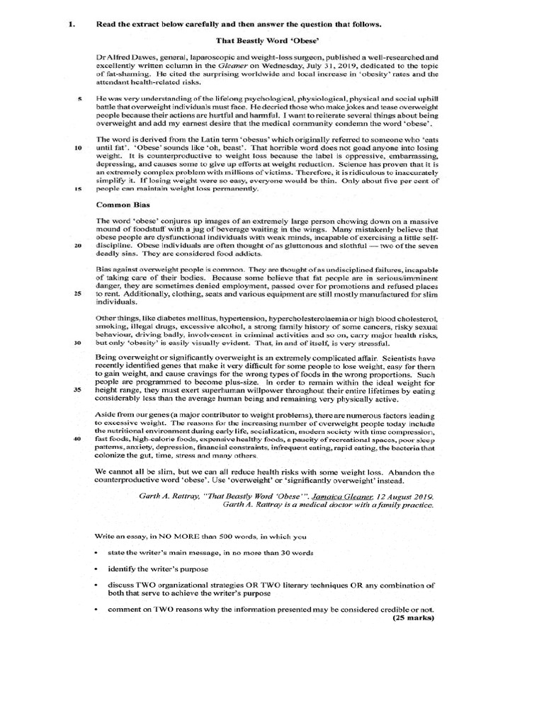 CAPE Communication Studies Module 1 Essay 2024 | PDF | Obesity | Social ...