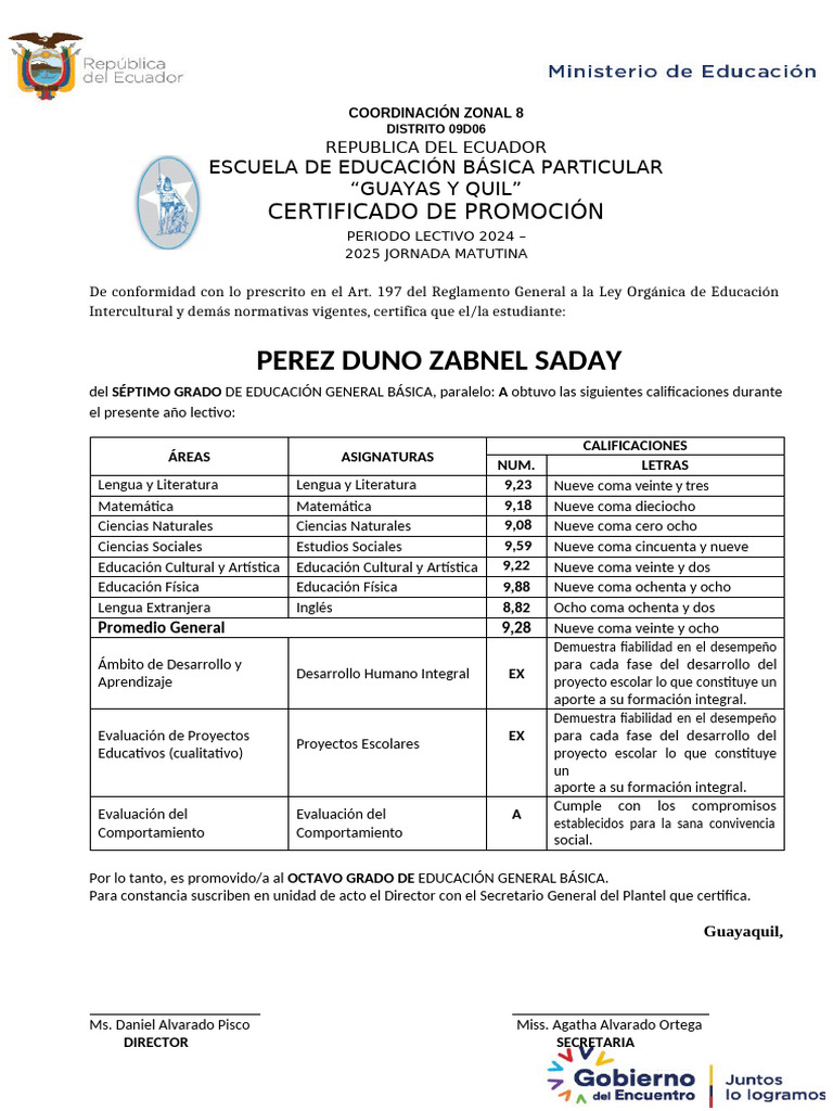 CERTIFICADO DE PROMOCION 2024-2025 Perez | PDF | Aprendizaje
