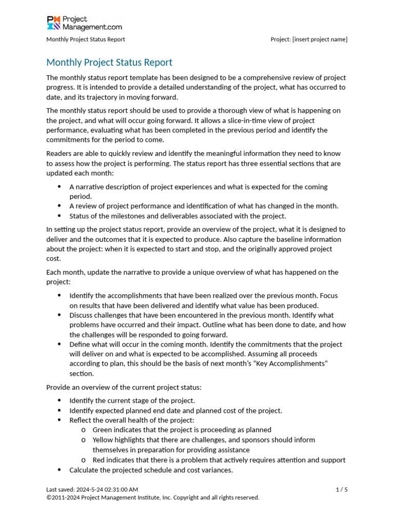 PMI Monthly Project Status Report Template | PDF | Project Management ...