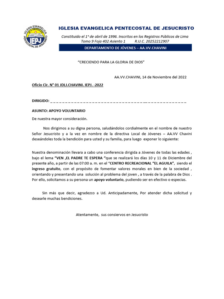 Oficio N°01 - Apoyo Voluntario | PDF