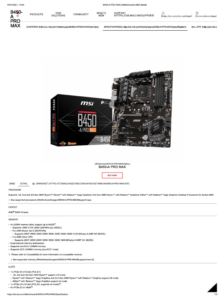 MSI B450-A Pro Max Mobo Datasheet | PDF