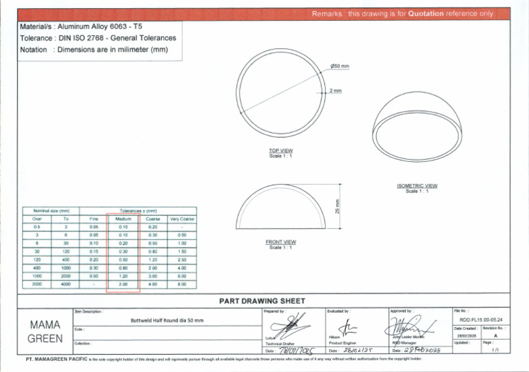 Buttweld Half Round Dia 50mm - Rev.a - 28feb2025 | PDF