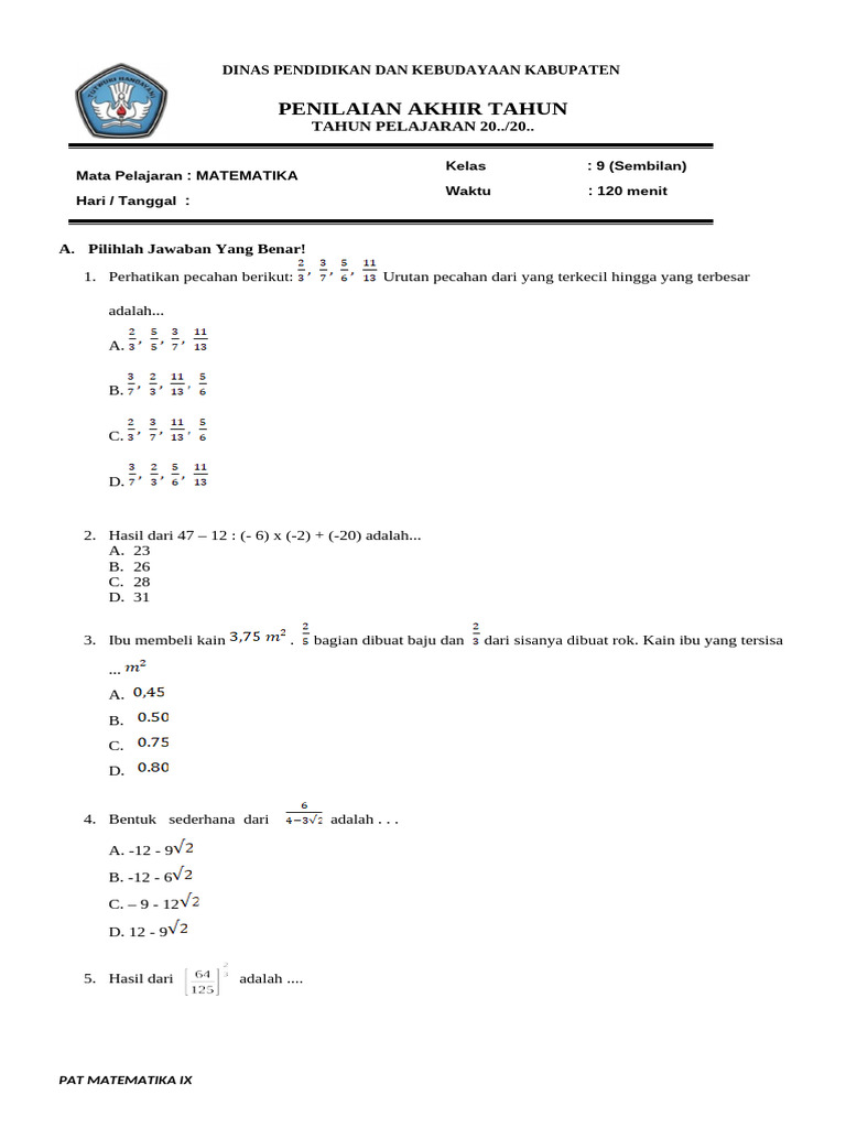 Soal PAT MTK Kelas IX | PDF