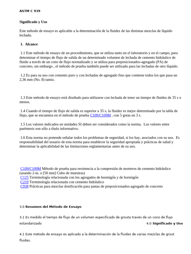Flujo de lechada Cono Set ASTM C939 | PDF | Hormigón | Líquidos