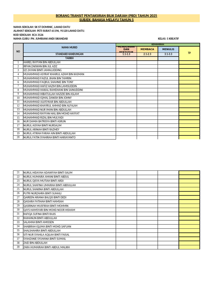 Borang Transit PBD BM THN 5 | PDF
