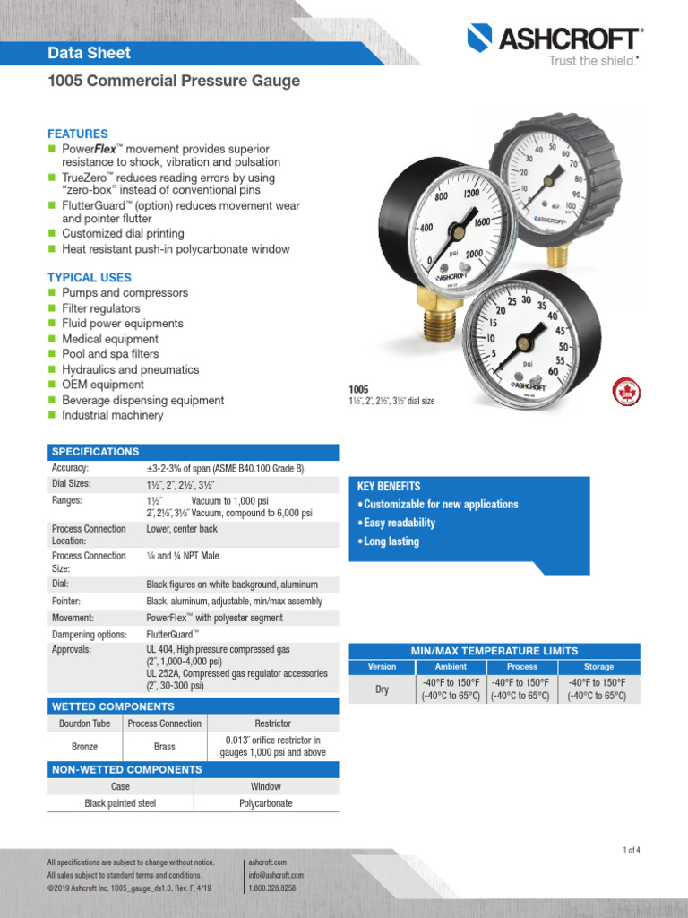 POS 09-11 Ashcroft 1005 Pressure Gauge | PDF | Pressure Measurement | Gases