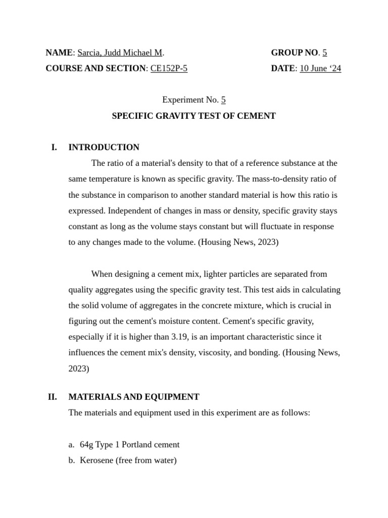 Experiment 5 - Specific Gravity Test of Cement | PDF | Cement | Density