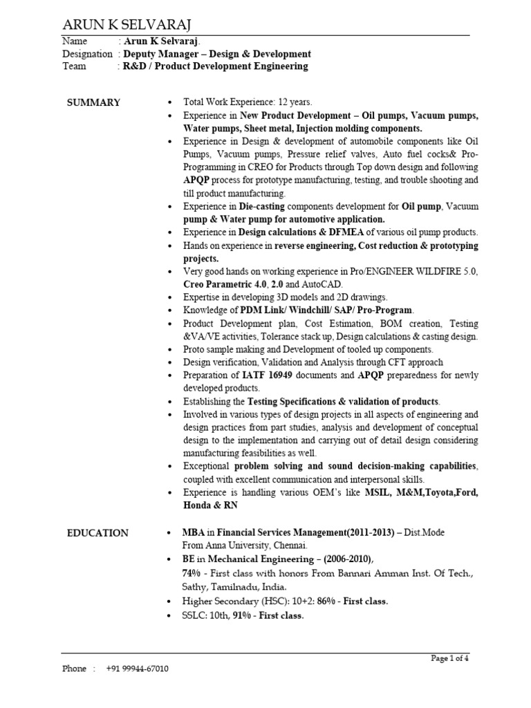 Arun K S Resume 16-12-2022 PDF | PDF | Prototype | Pump