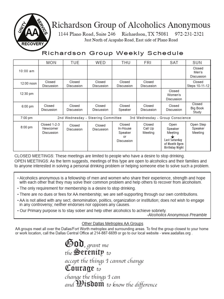 Richardson AA Group Meeting Schedule | PDF | Alcoholics Anonymous | Alcohol