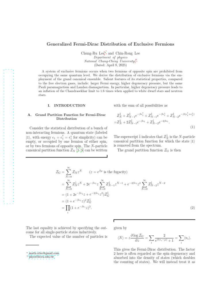 Generalized Fermi-Dirac Distribution of Exclusive Fermions | PDF ...