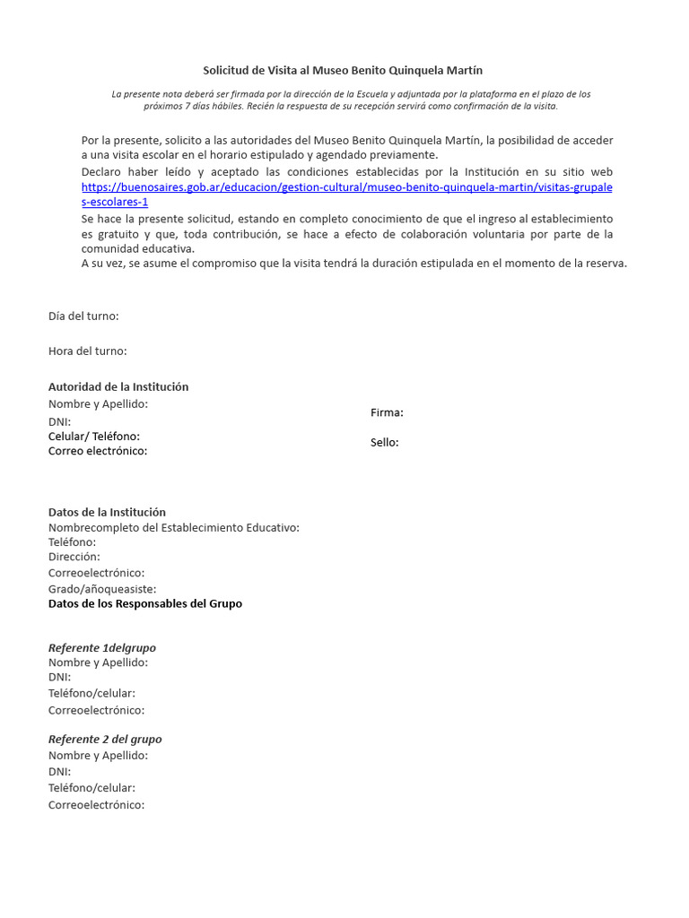 Solicitud de Visita Escolar al Museo Quinquela | PDF