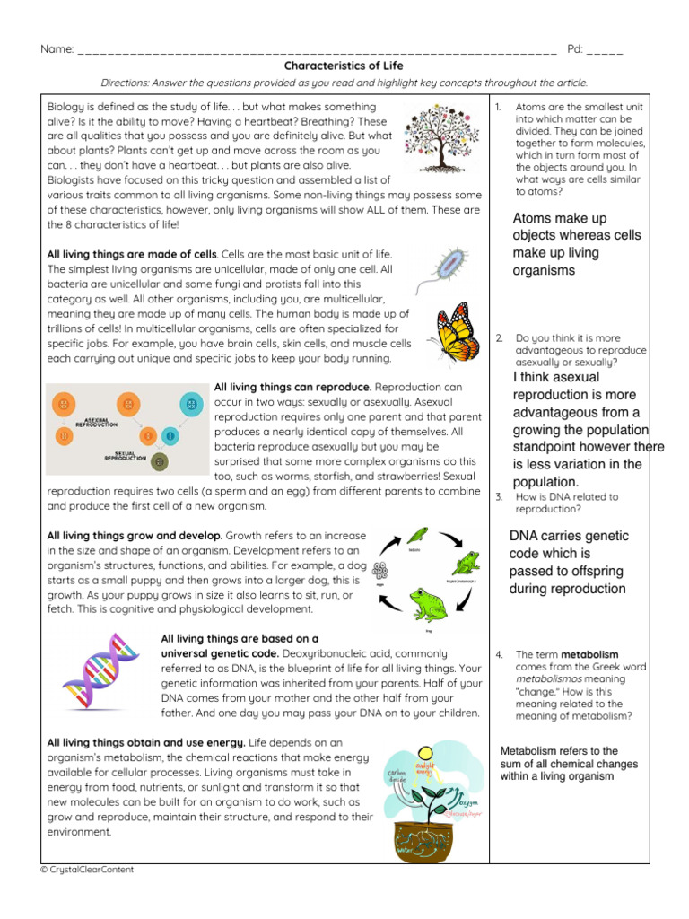 Characteristics of Life Reading | PDF | Reproduction | Organisms