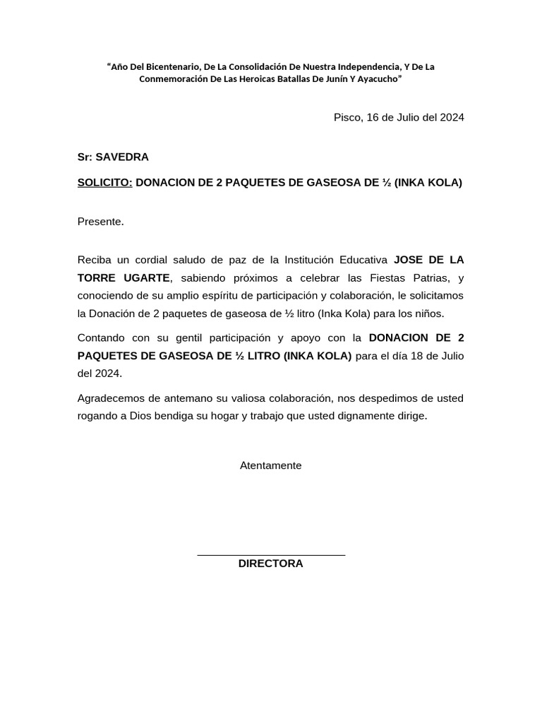 Solicitud de Donación para Fiestas Patrias | PDF