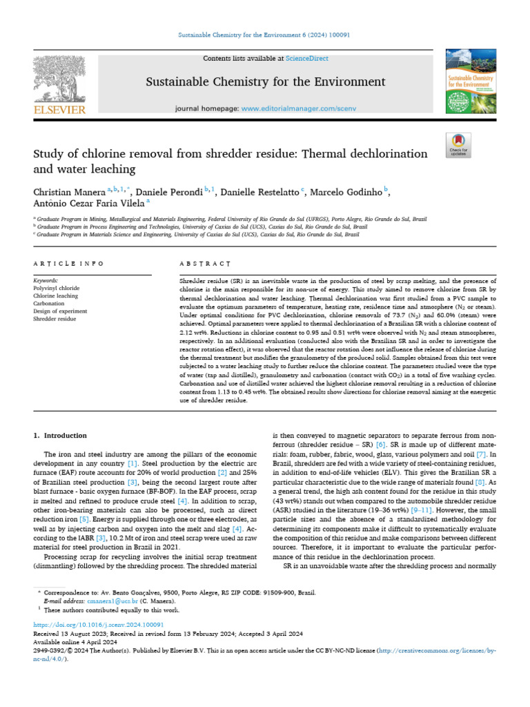 Study of Chlorine Removal From Shredder Residue - Thermal ...