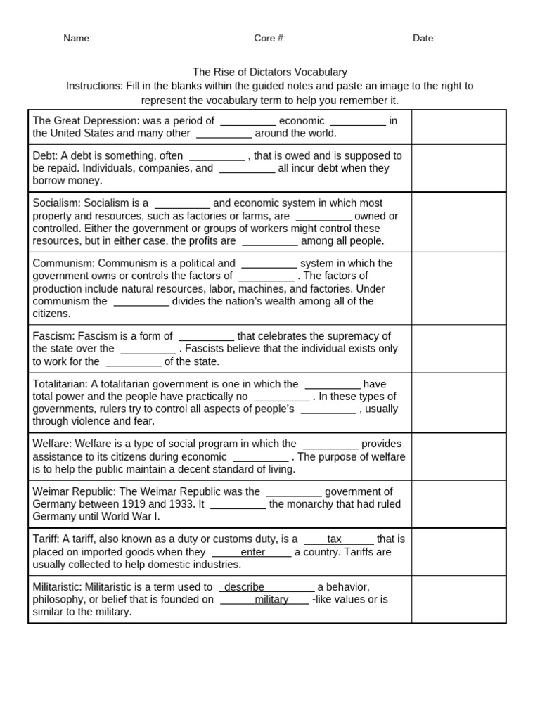 Rise of Dictators Vocabulary Guided Notes (Student Copy) | PDF ...
